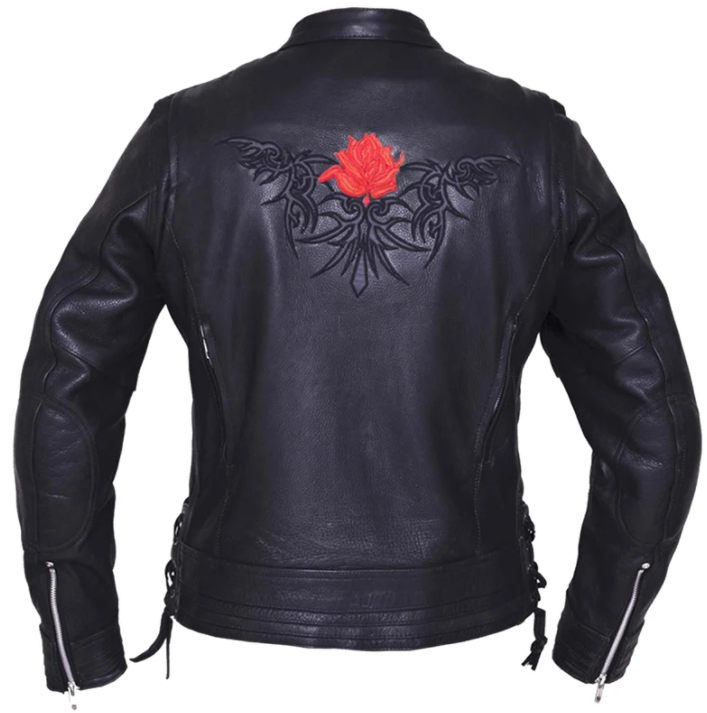 UNIK Ladies Premium Leather Motorcycle Jacket With Red Embroidered Rose ...